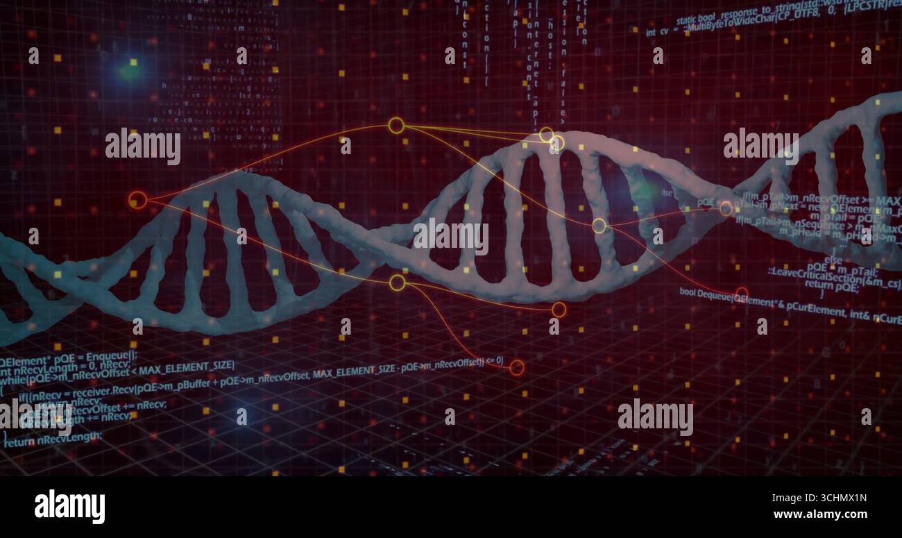 Floating DNA double helix rotating over dark grid plane, with glowing ...
