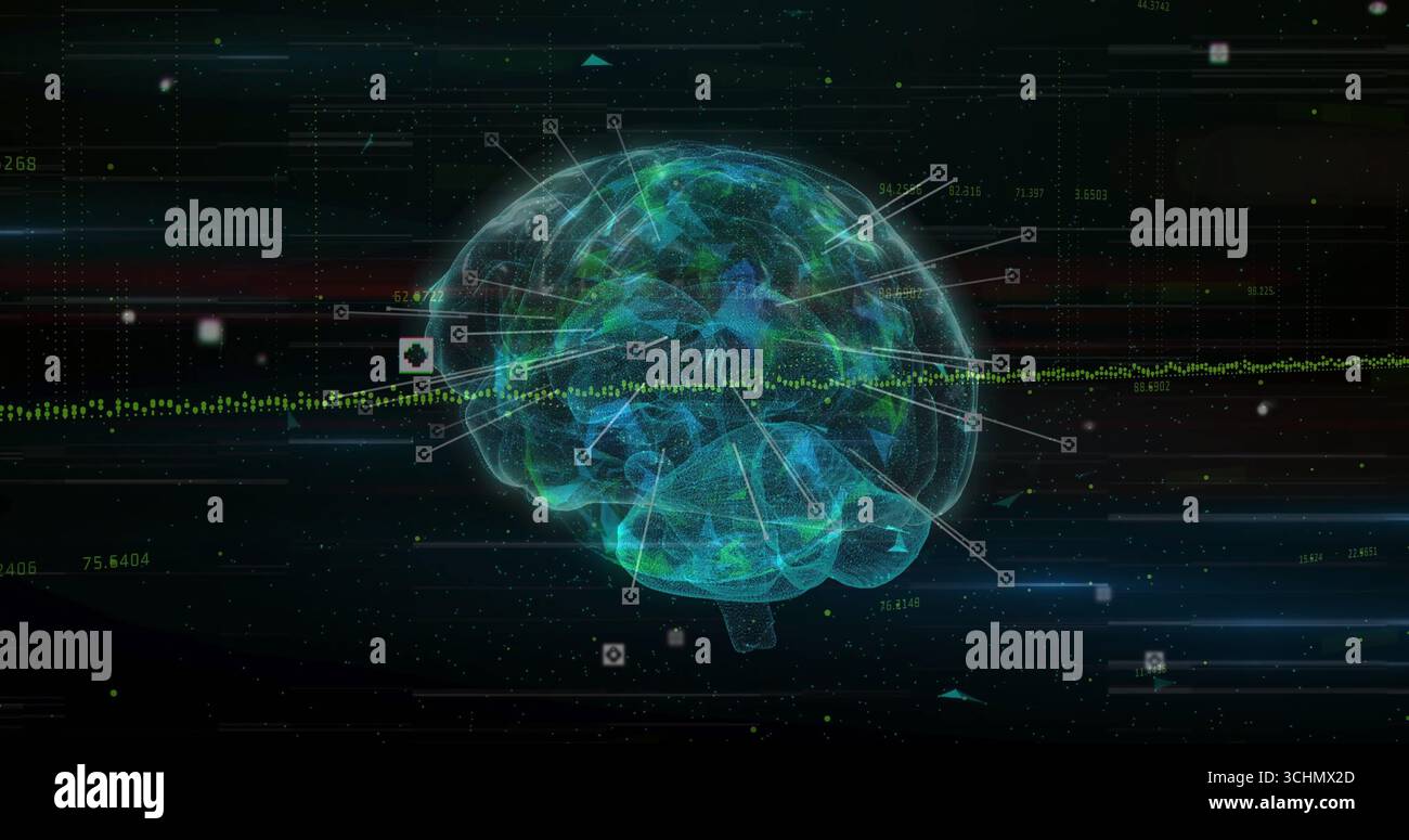 Displaying 3D wireframe brain hologram in grid, with illuminated nodes ...