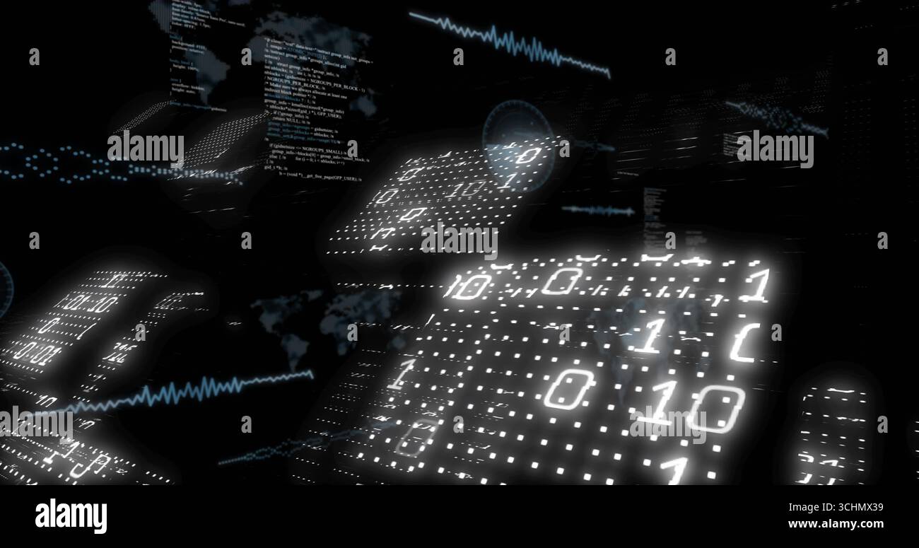 Floating binary code panel in digital void, with code snippets ...