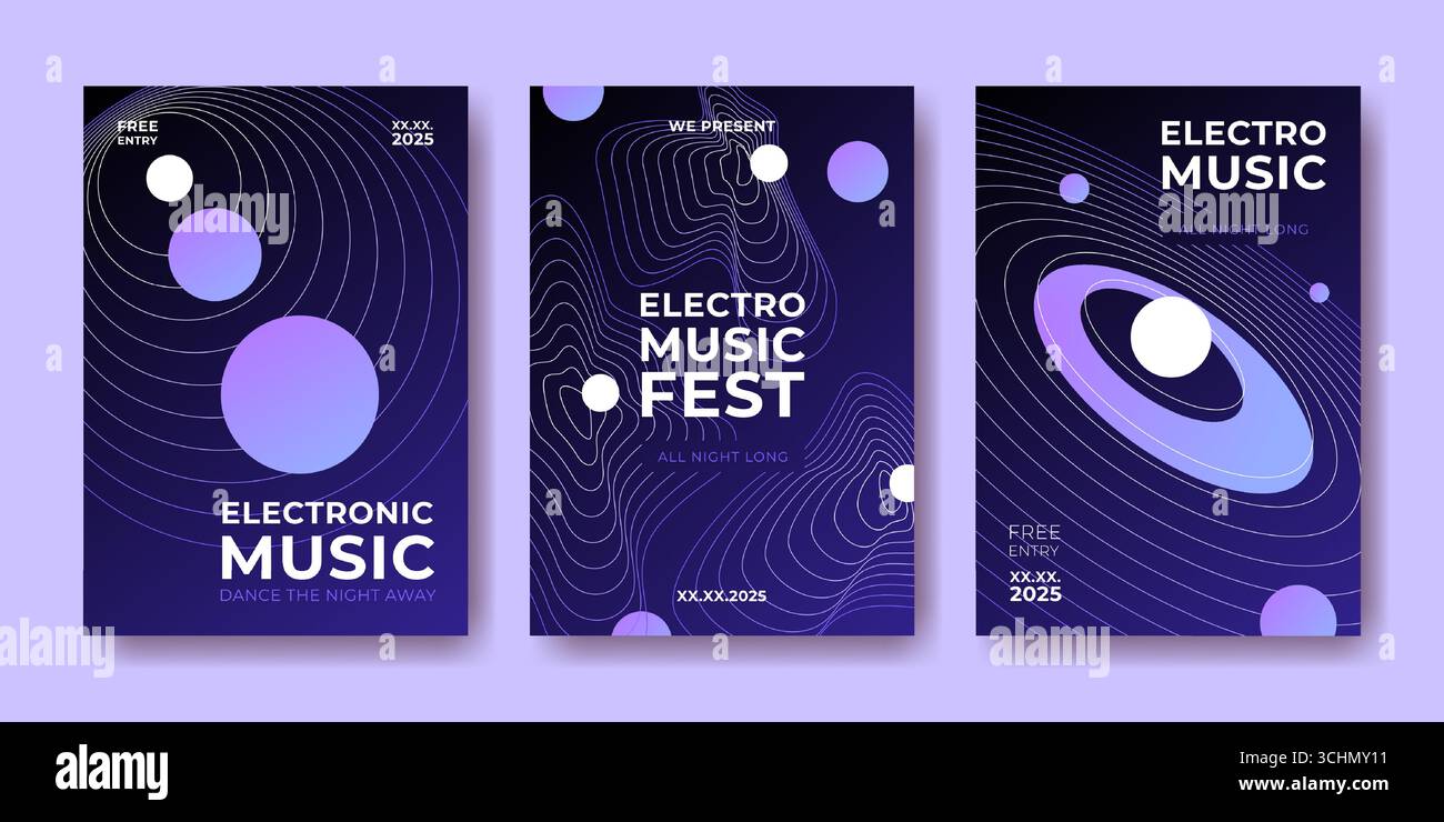 Electro music poster set with gradient purple sound circles, wavy lines ...