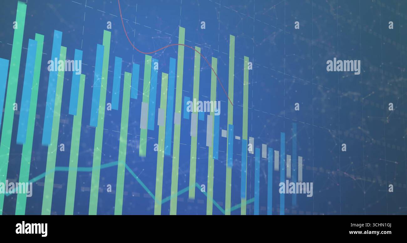 Displaying vertical bar chart on screen with red and cyan line graphs ...