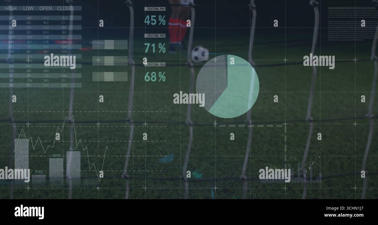 Displaying data over goal net at stadium pitch with soccer ball and ...