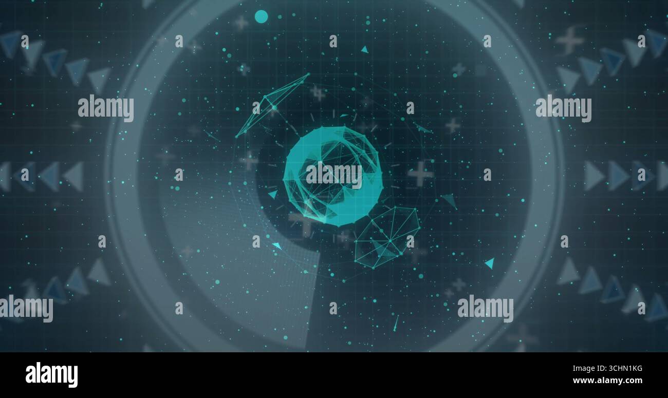 Glowing teal wireframe sphere floating in virtual UI, with nodes, plus ...