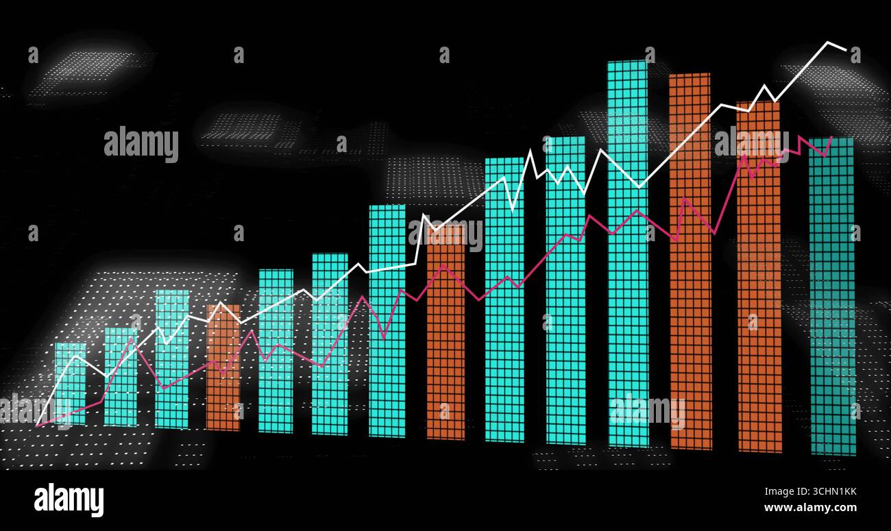 Showing bar chart rising in digital data space, with turquoise and ...
