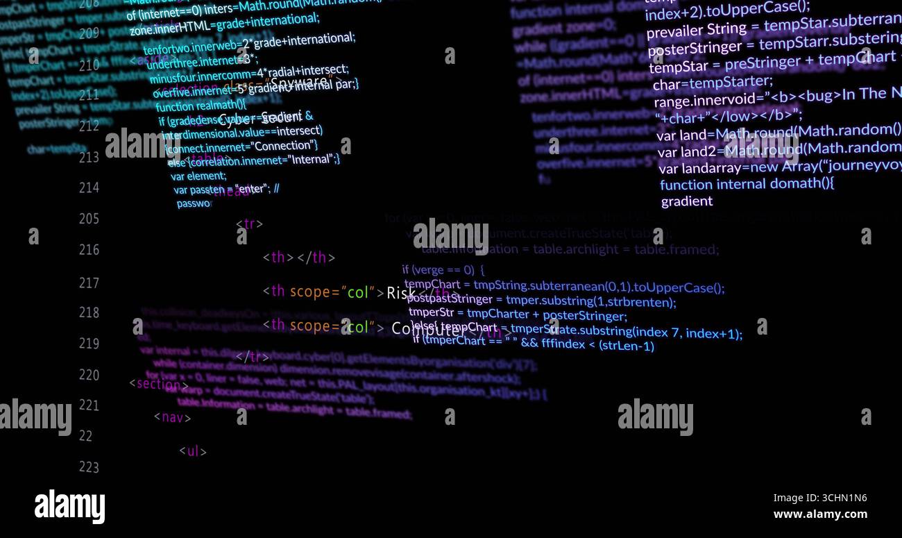 Displaying syntax-highlighted source code on computer monitor in dimly lit workspace, coding ...