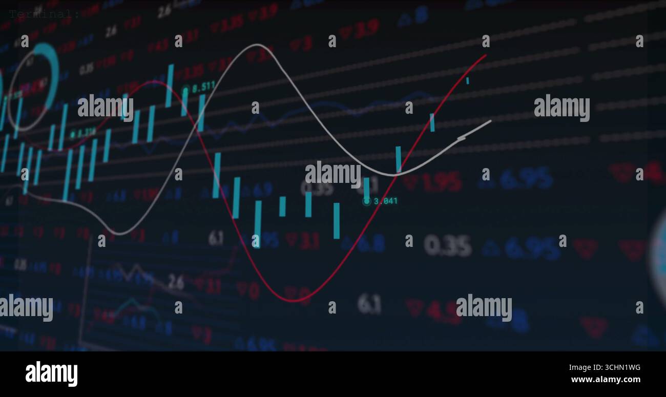 Displaying digital financial chart on trading screen, with blue ...
