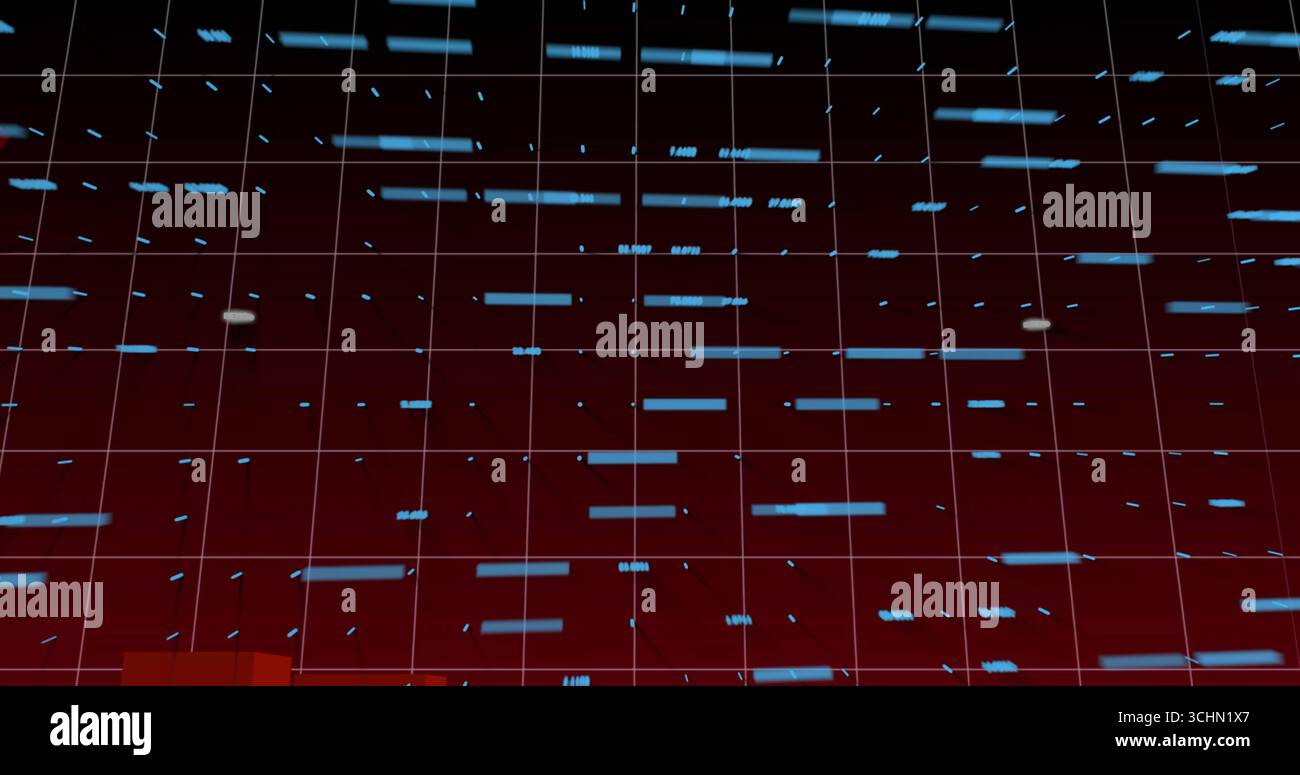 Displaying 3D grid forming cubes in red backdrop, with blue bars, cyan ...