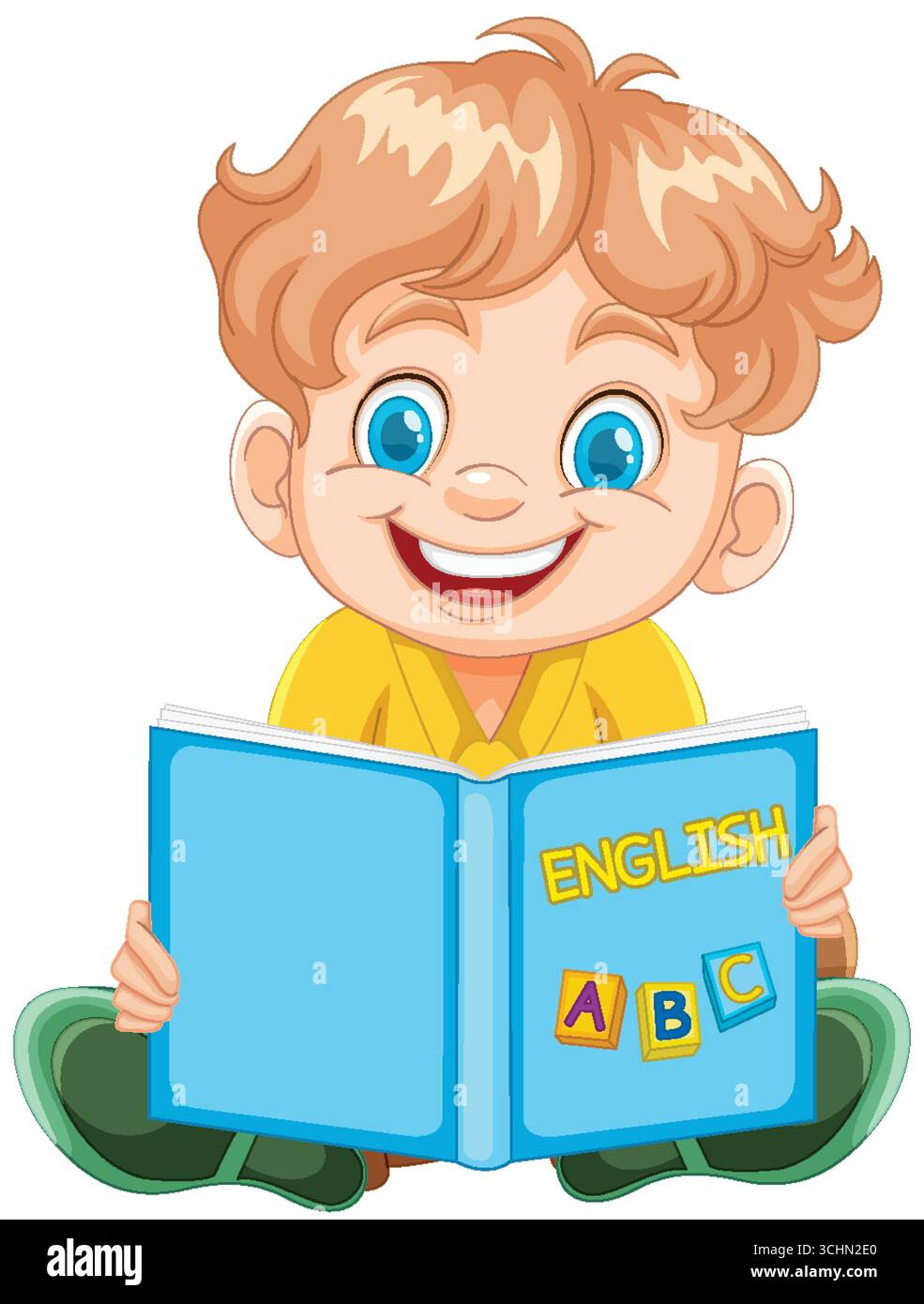 Cartoon vector of cheerful boy reading English alphabet book, sitting ...
