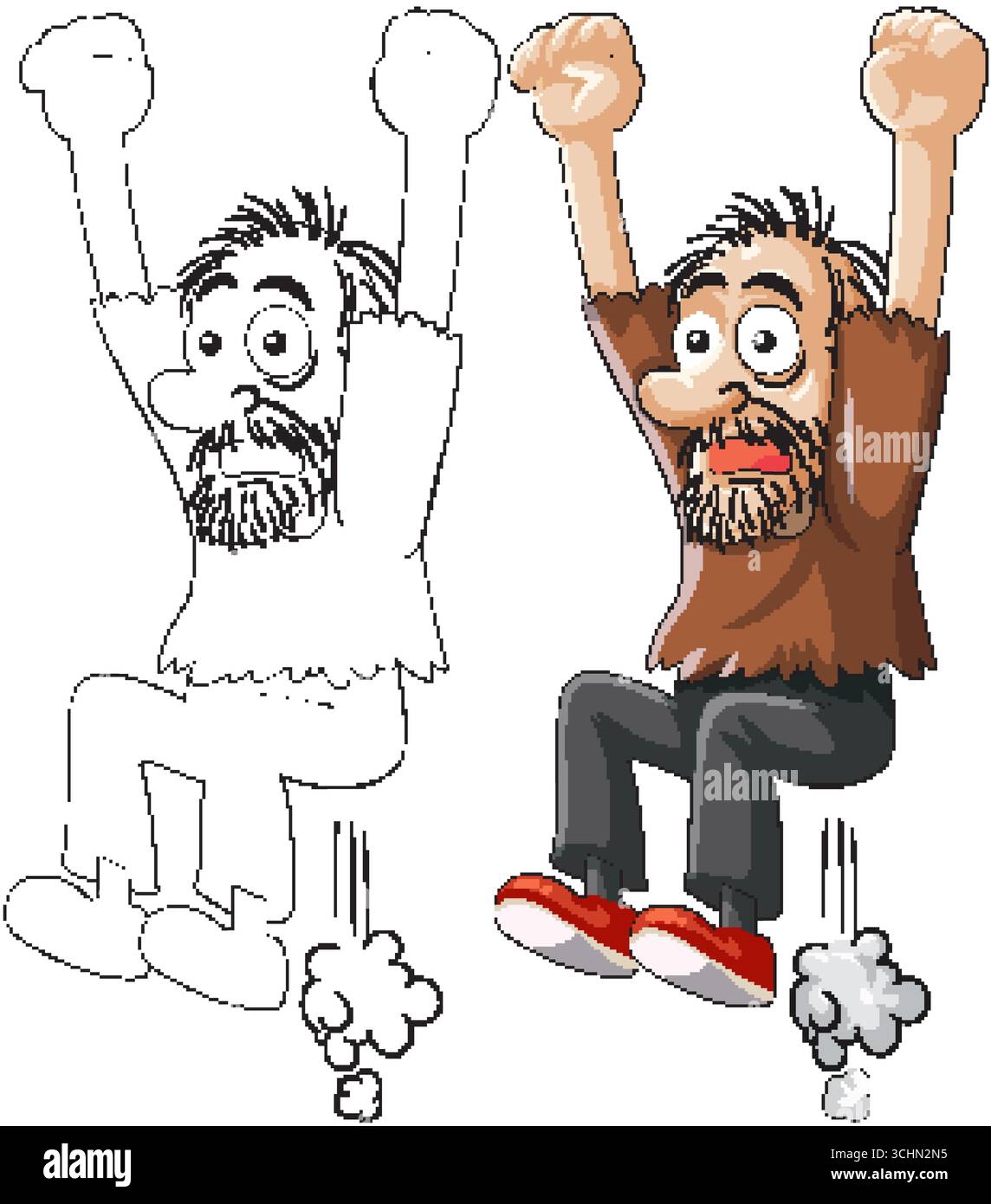 Cartoon man jumping in surprise, arms raised, expressive face. Includes ...
