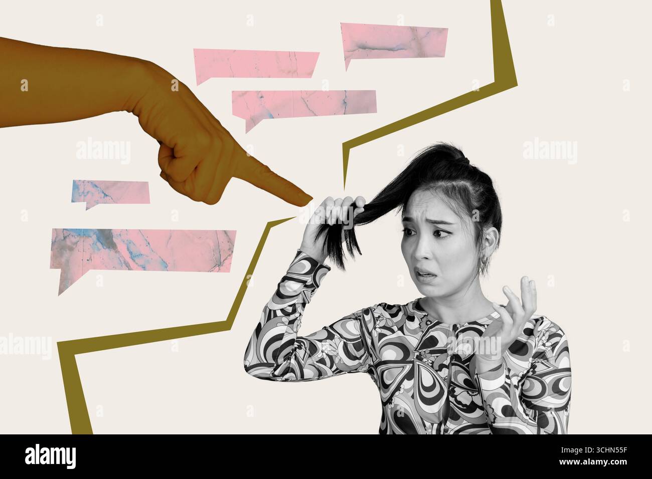 Composite artwork photo collage of finger point young lady confused ...