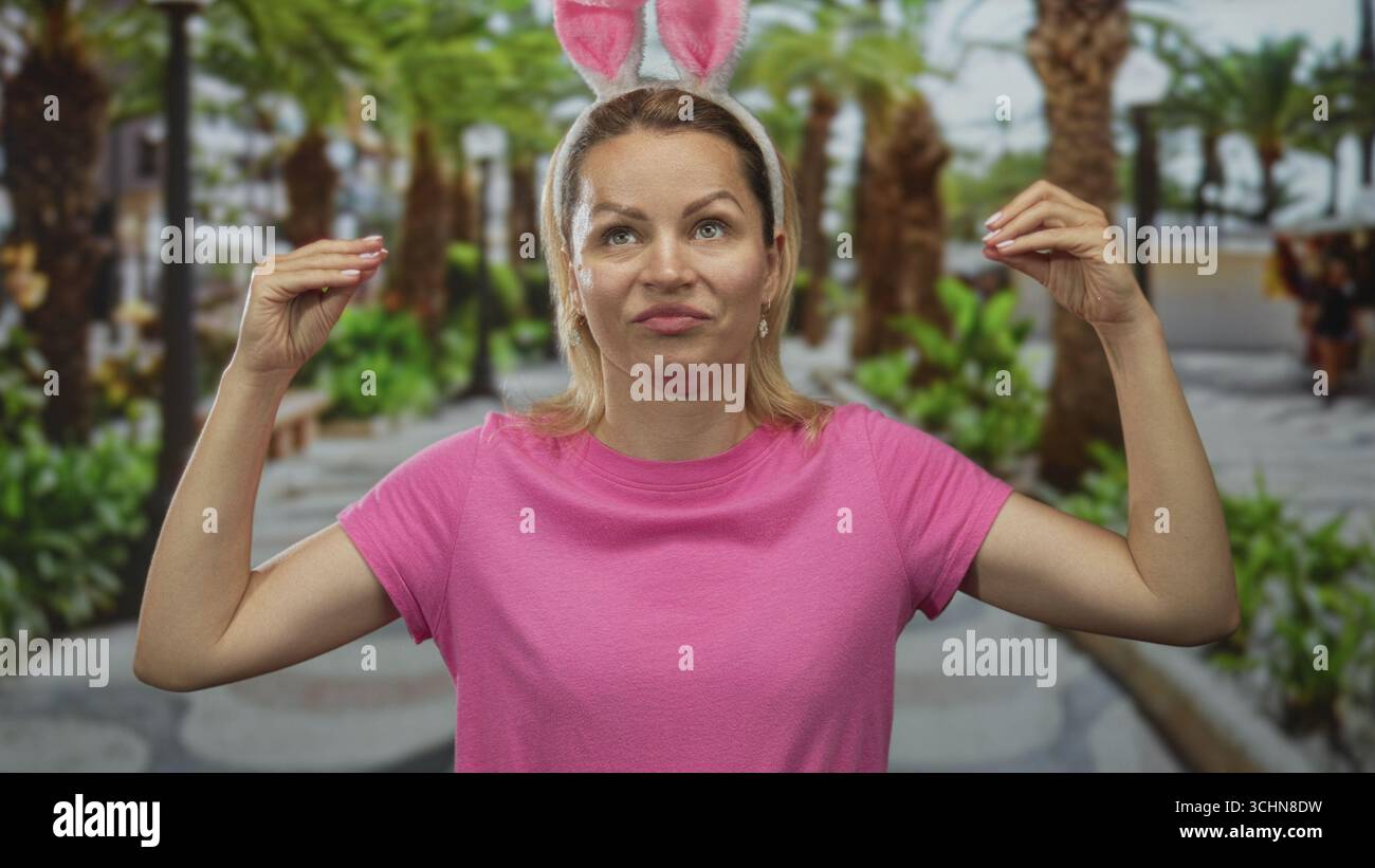 Woman wearing bunny ears gestures with hands on a sunlit green street ...