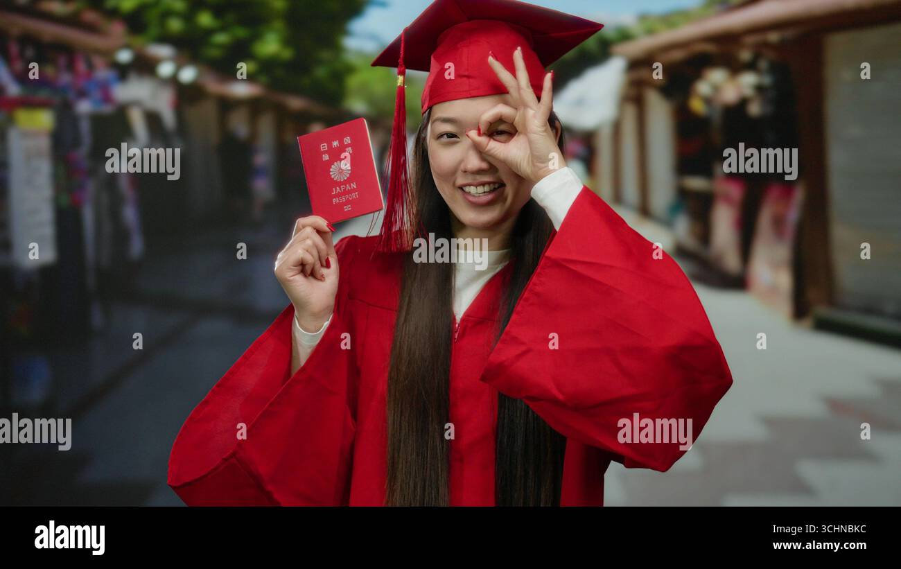 Japanese woman in graduation gown holds passport while standing ...