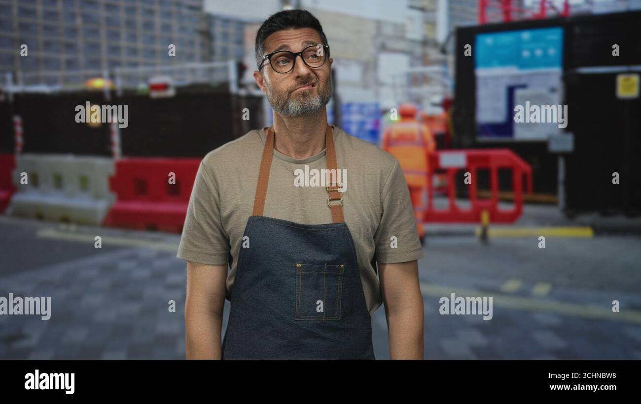 Man wearing apron and glasses with eyes closed grimacing near ...