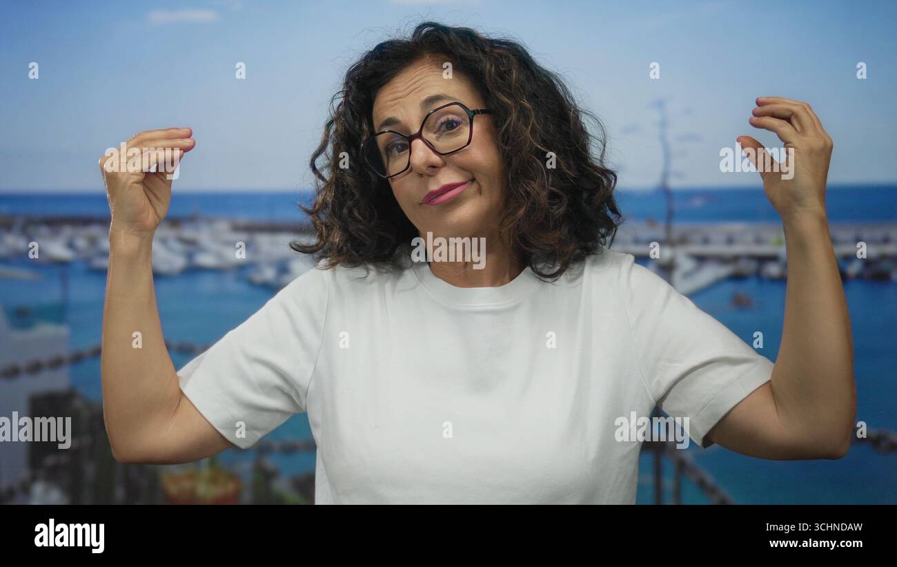 Middle age hispanic woman gesturing with hands at port; communication ...