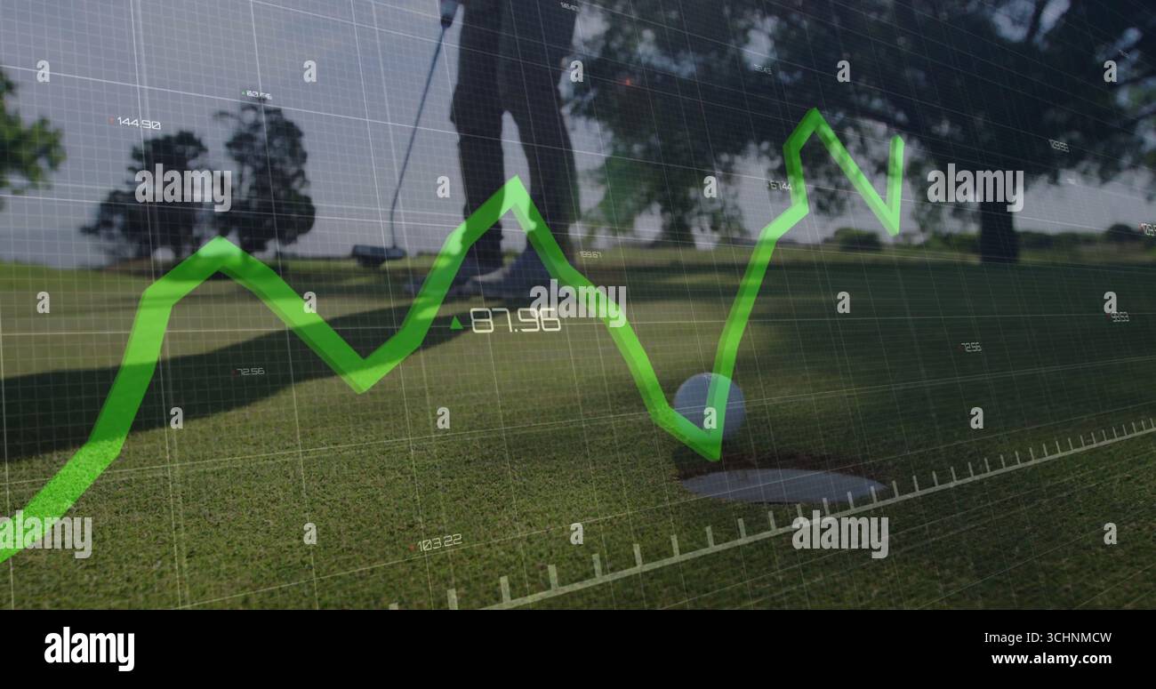 Golfer lining up putt in putting green, with ball, hole, putter, grid ...