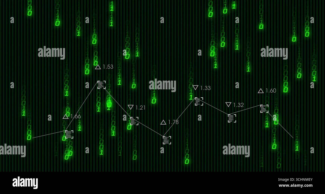 Displaying white line graph on digital screen, with square markers, numeric labels and binary ...