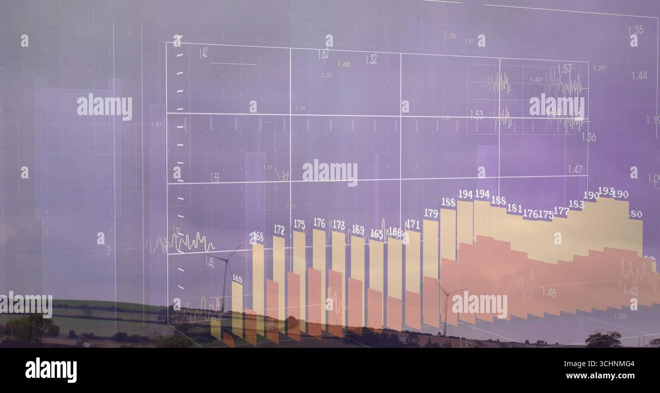 Showing translucent chart overlaying rural field with turbines at dusk ...