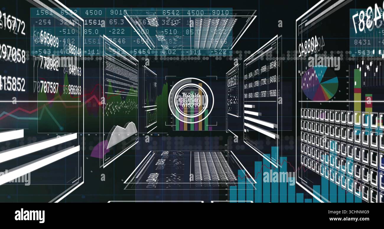 Floating central circular data panel displaying gauges and charts in ...