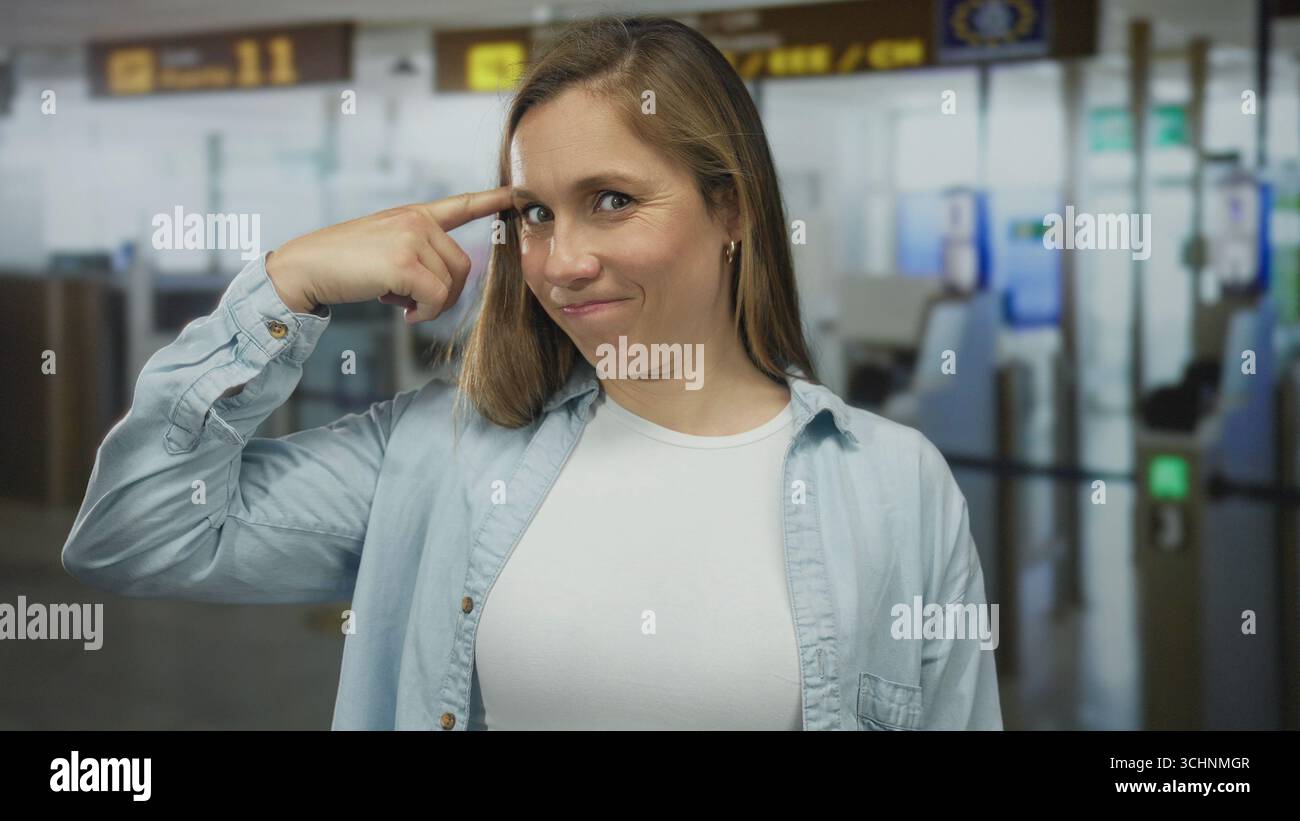 Young blonde woman smiles indoors at an airport terminal making a ...
