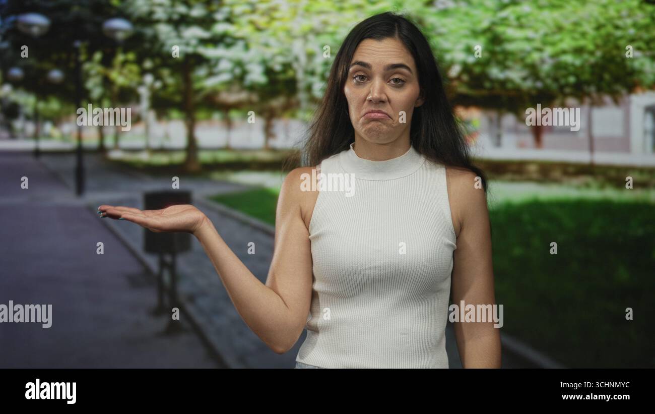 Woman young hispanic shows palm up gesture and slight shrug in street ...