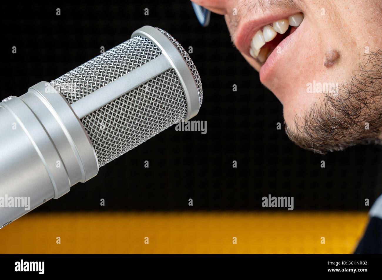 Man speaking into professional condenser microphone in acoustic studio ...