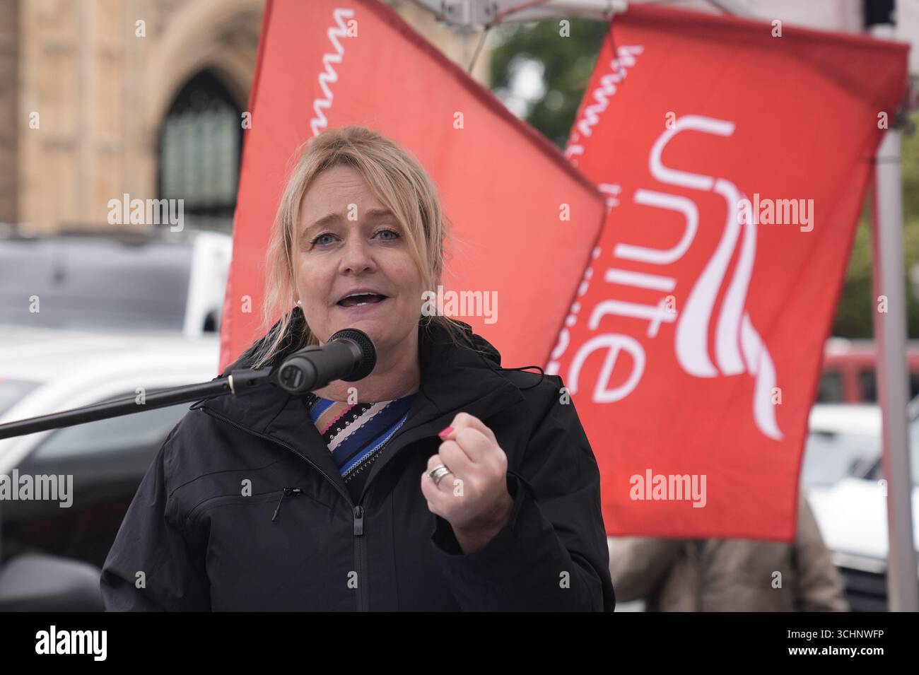 General Secretary of the Unite the Union, Sharon Graham, speaks at a ...
