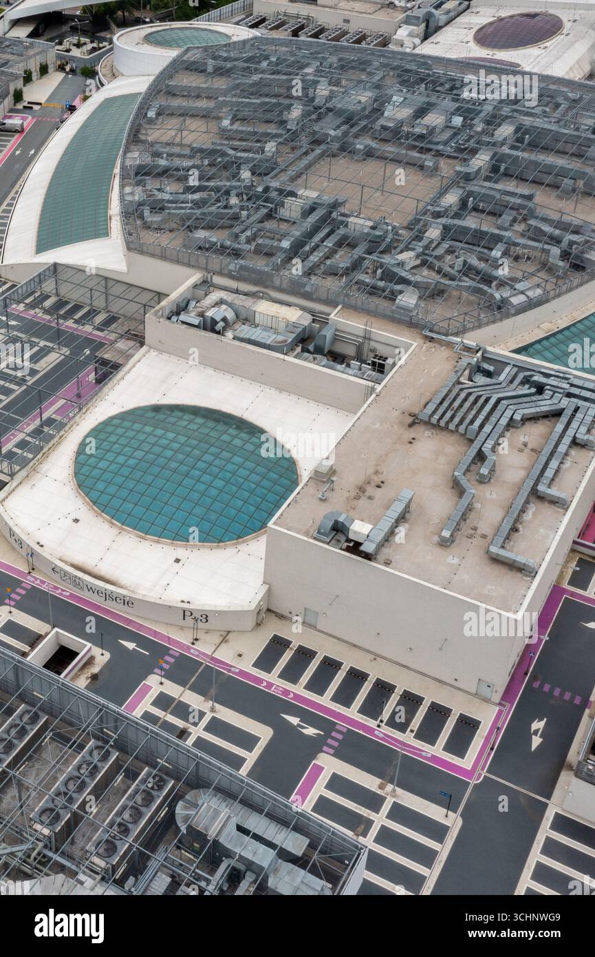 Angled aerial view of rooftop with industrial air conditioning system ...