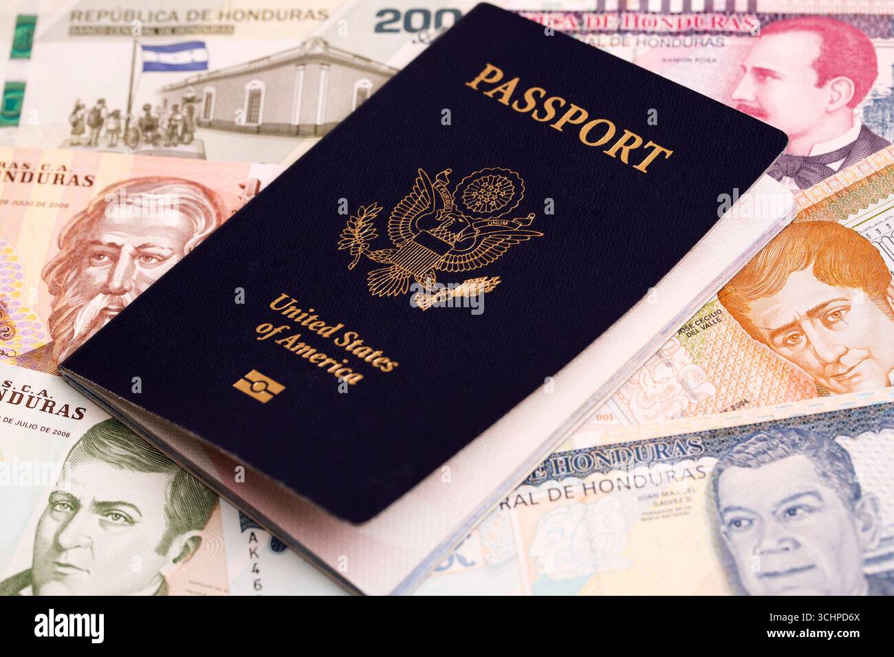 American Passport on Honduran money - Lempira Stock Photo - Alamy