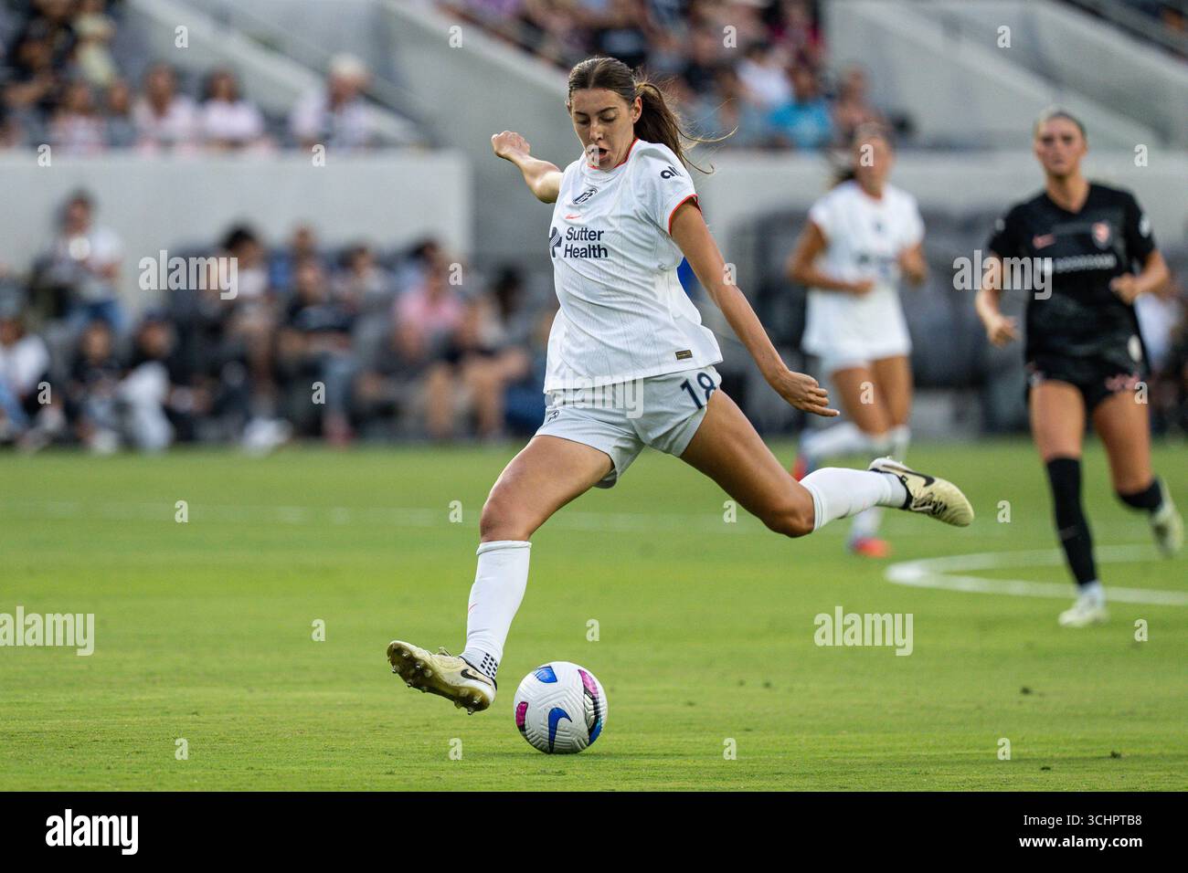Bay FC midfielder Joelle Anderson (18) takes a shot during a NWSL match ...