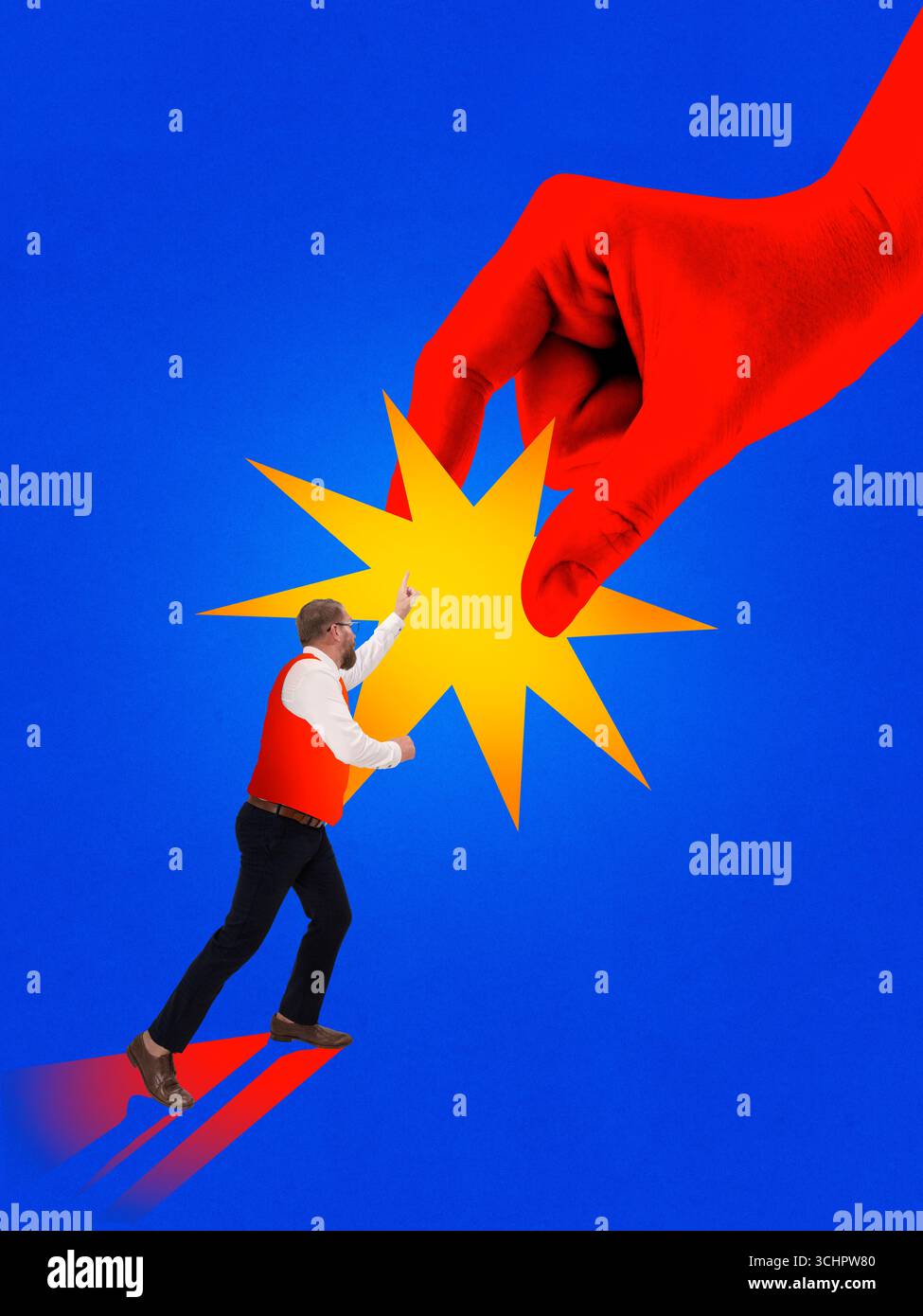Contemporary composition. Small man resisting giant red hand of control ...