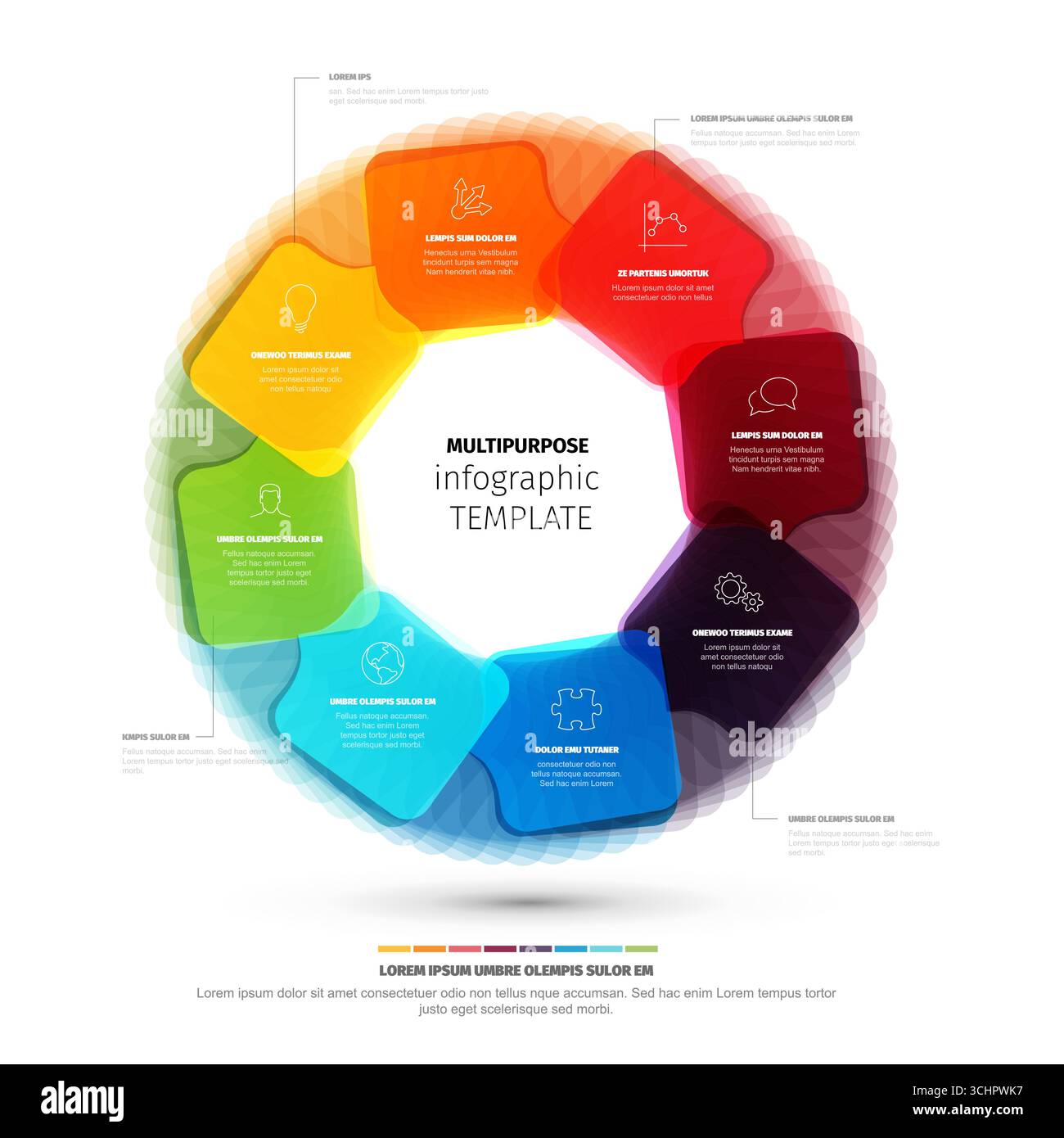 A vibrant circular infographic template with multicolor sections, useful for data visualization ...