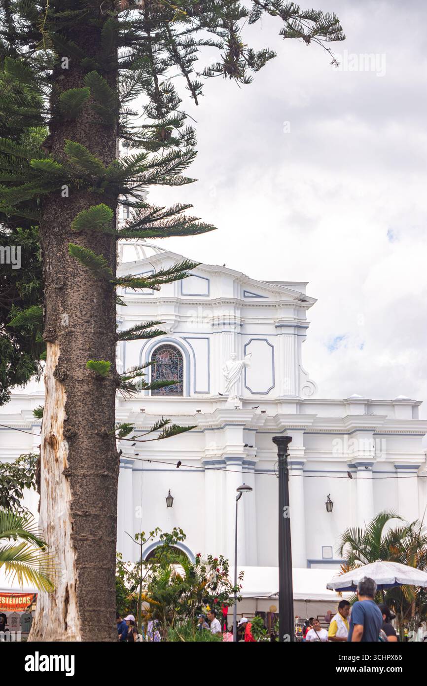 A view of the beautiful Popayán Cathedral amidst lush greenery and a ...