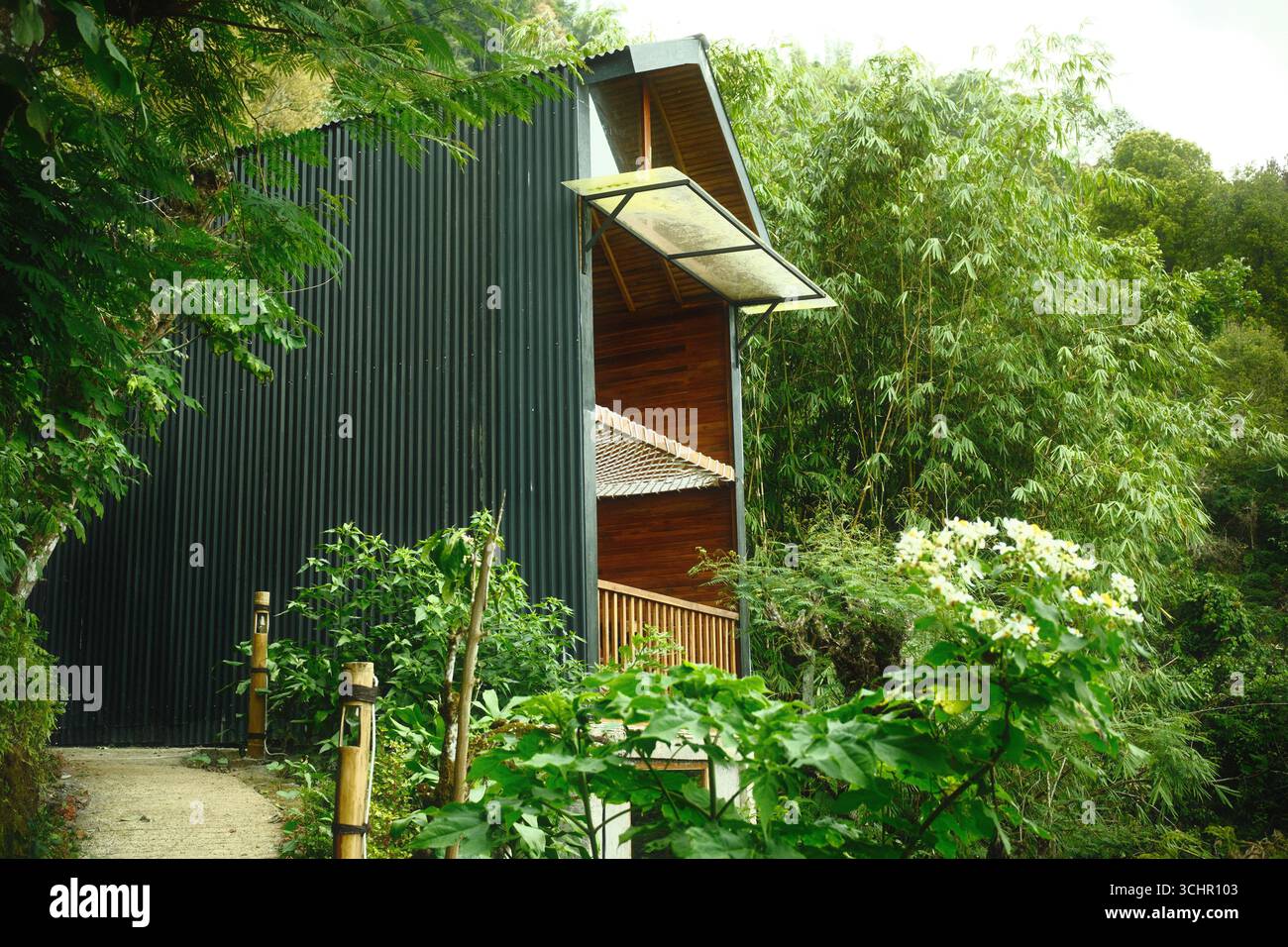 A modern cabin with a black corrugated metal wall and a wooden balcony ...