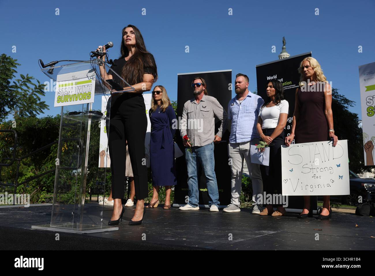 Teresa Helm, victim of Jeffrey Epstein, speaks during a press ...