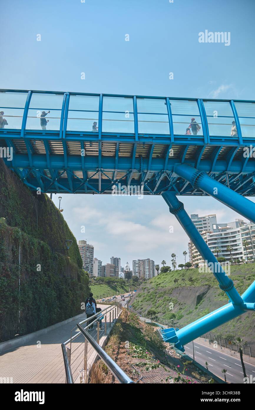 Lima peru aug 30 2025: modern blue pedestrian The new La Paz bridge in ...