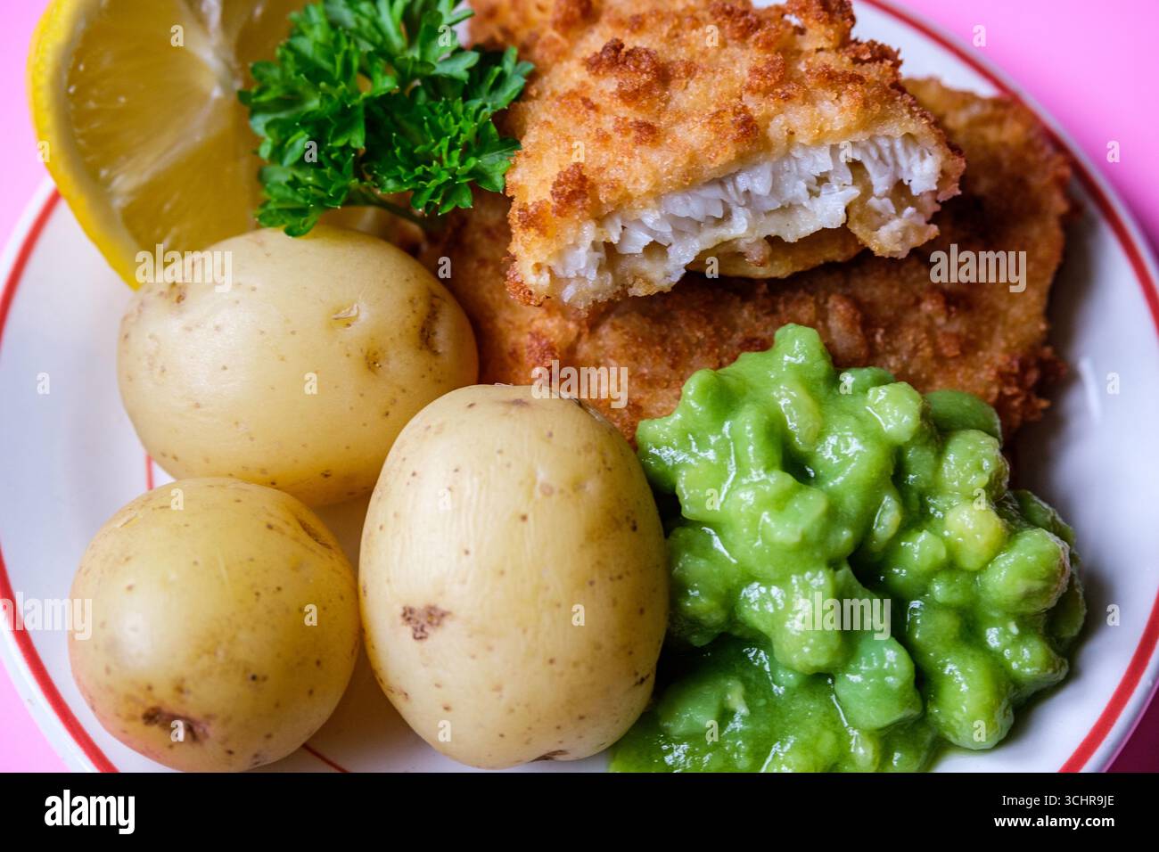London UK, September 03 2025, Breaded Cod Fish Fillet With Boiled New ...
