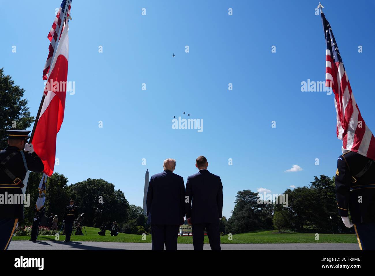 President Donald Trump and Polish President Karol Nawrocki watch a ...