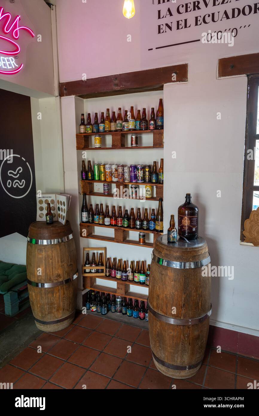A display of Ecuadorian beers in the Museum of Beer in the equator park ...