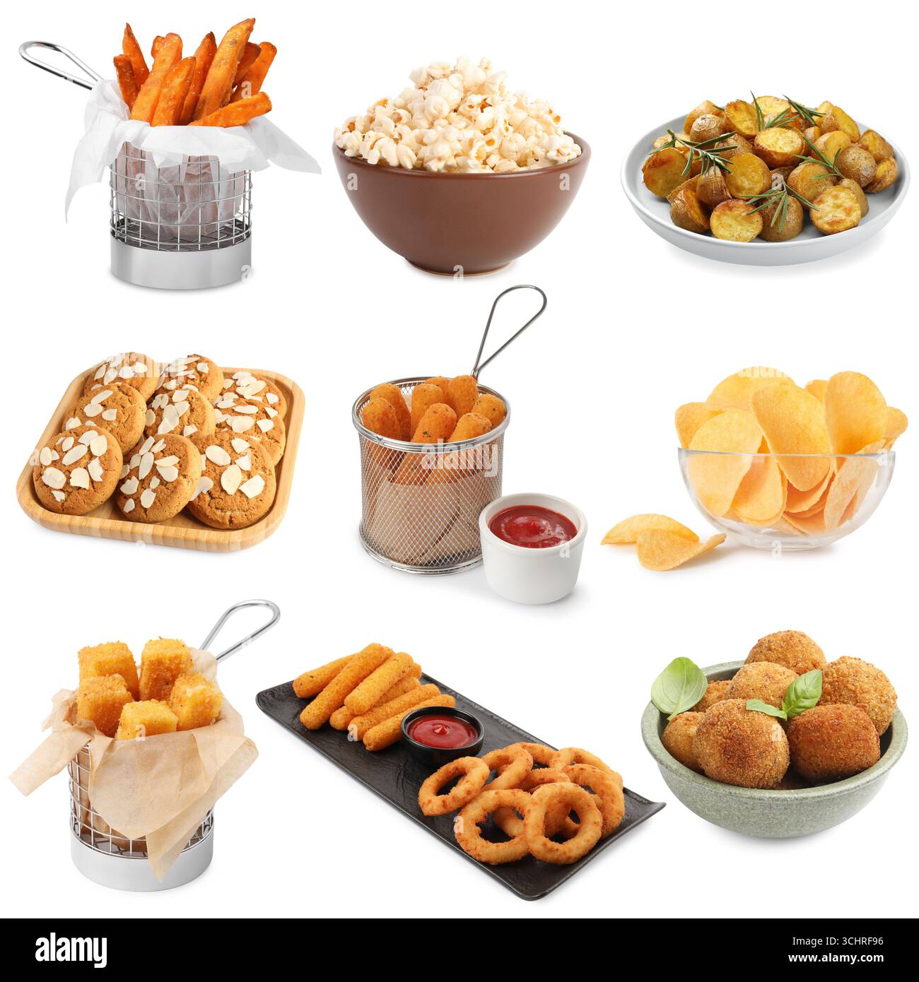 Collection of different foods with crispy texture on white background ...