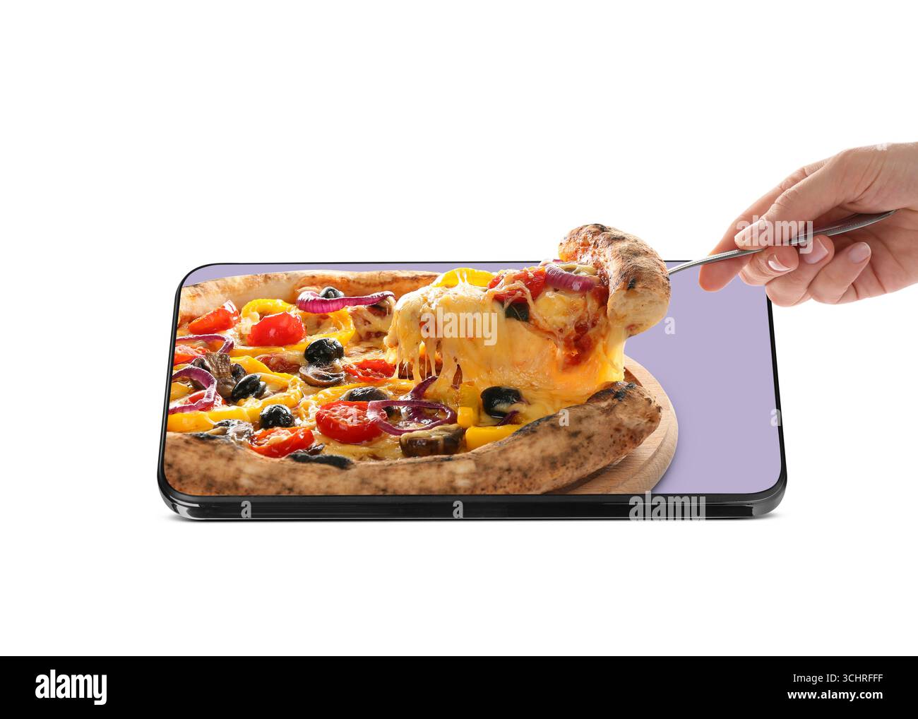 Food ordering and delivery service. Woman taking slice of tasty pizza ...