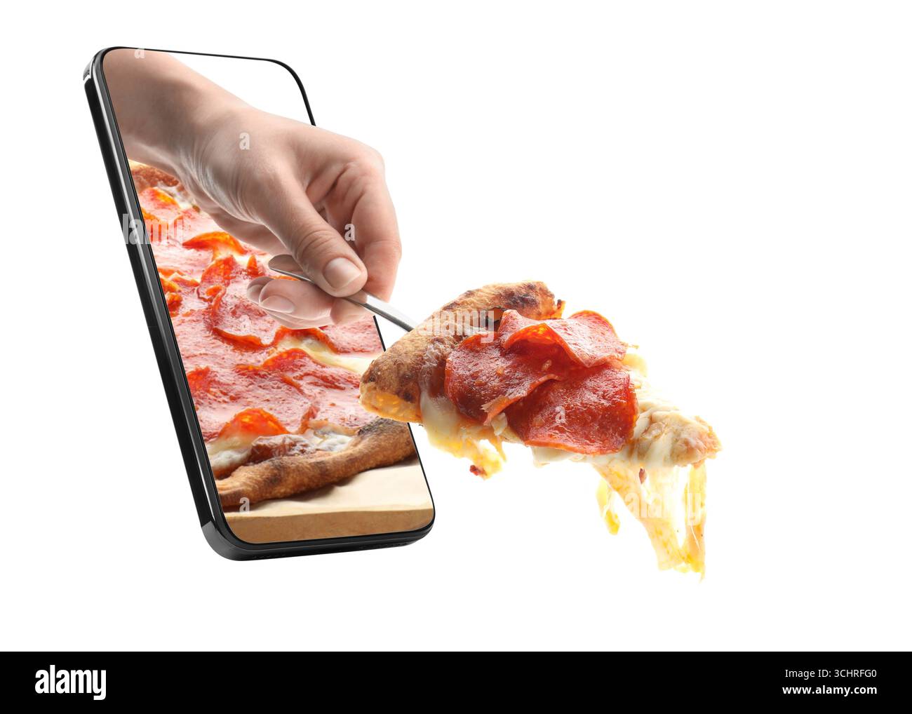 Food ordering and delivery service. Woman taking slice of tasty pizza ...