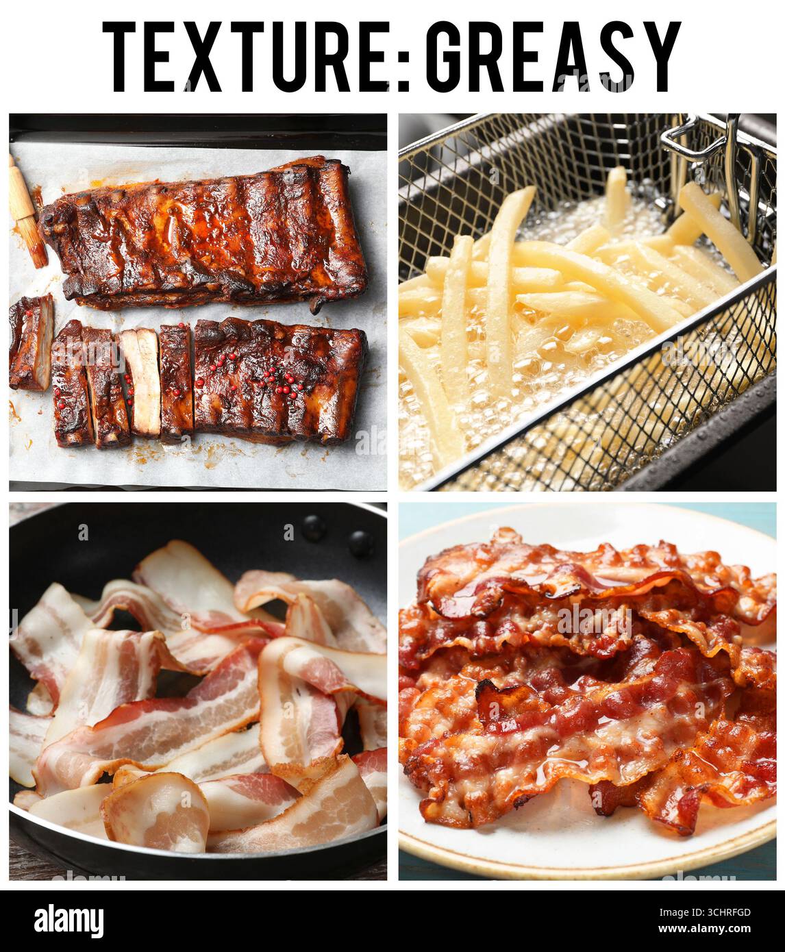 Different foods with greasy texture combined into collage Stock Photo ...