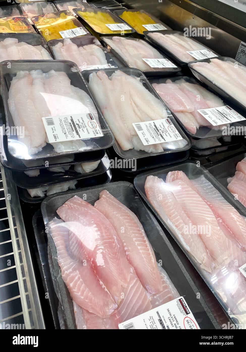 Packaged fish fillets in a chiller unit on sale on a superstore Stock ...