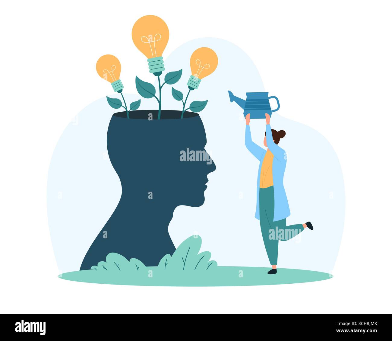 Business concept showing a woman watering light bulb plants sprouting ...