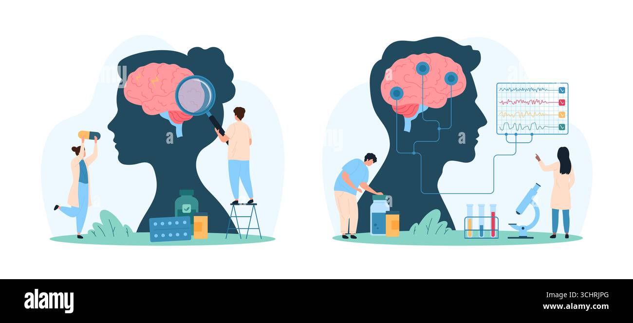 Doctors and researchers examine human brain activity, pain spots, and ...