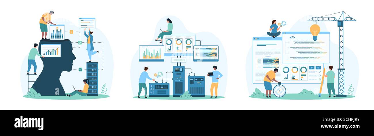 Team of tiny people interact with artificial intelligence, analyze data ...