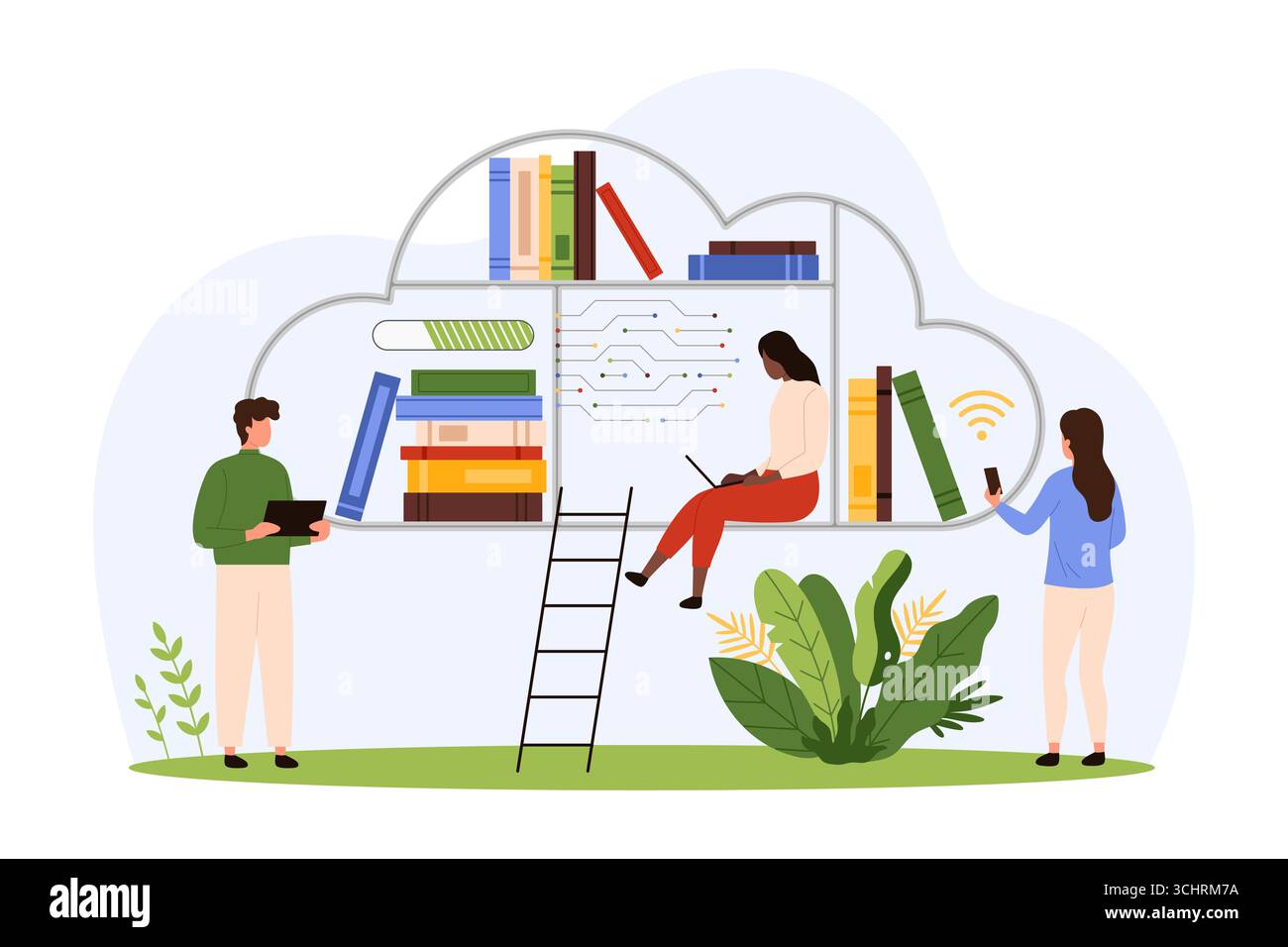 Students using laptops and reading books inside a digital cloud library ...