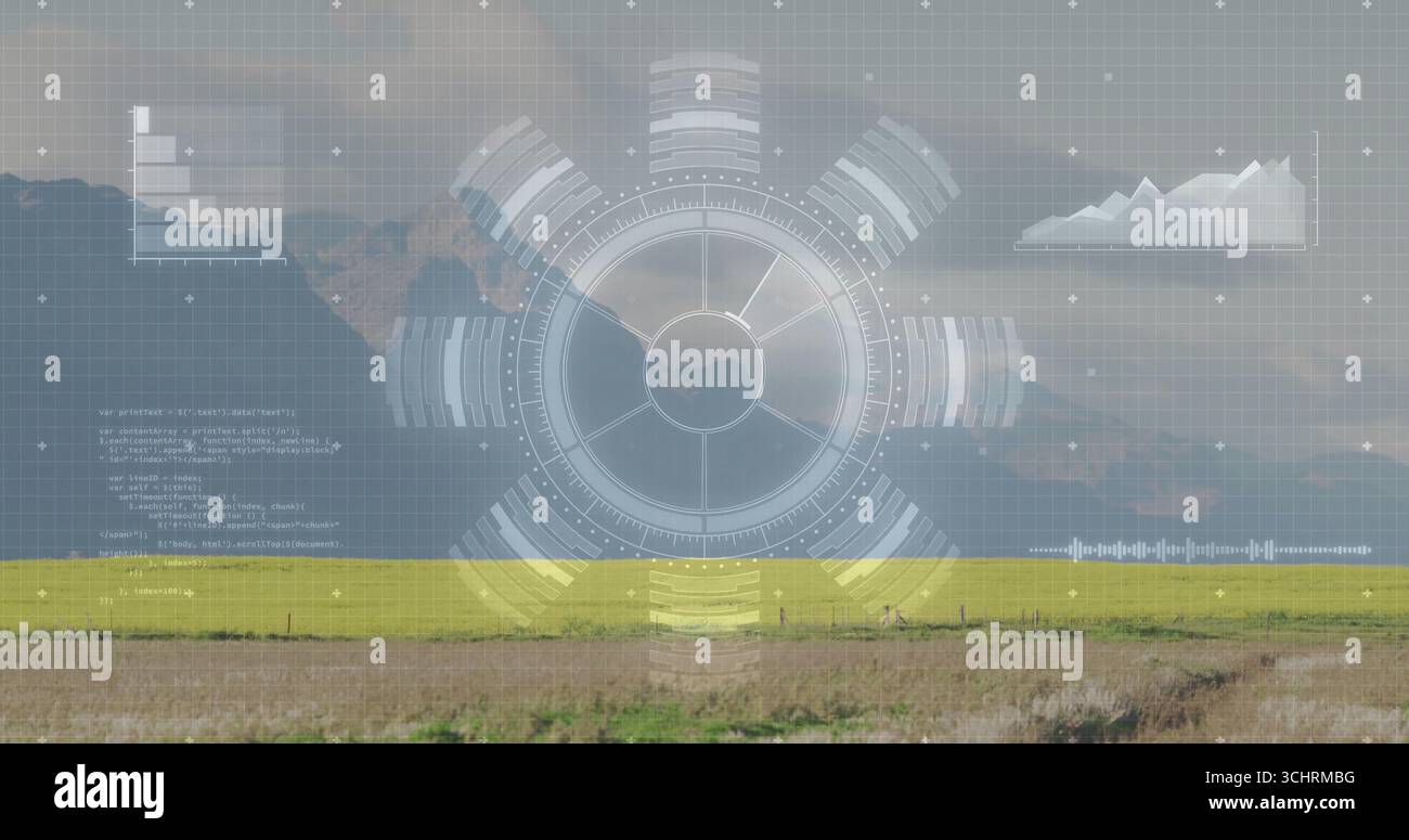 Circular HUD interface overlaying rural farmland, with radial segments ...