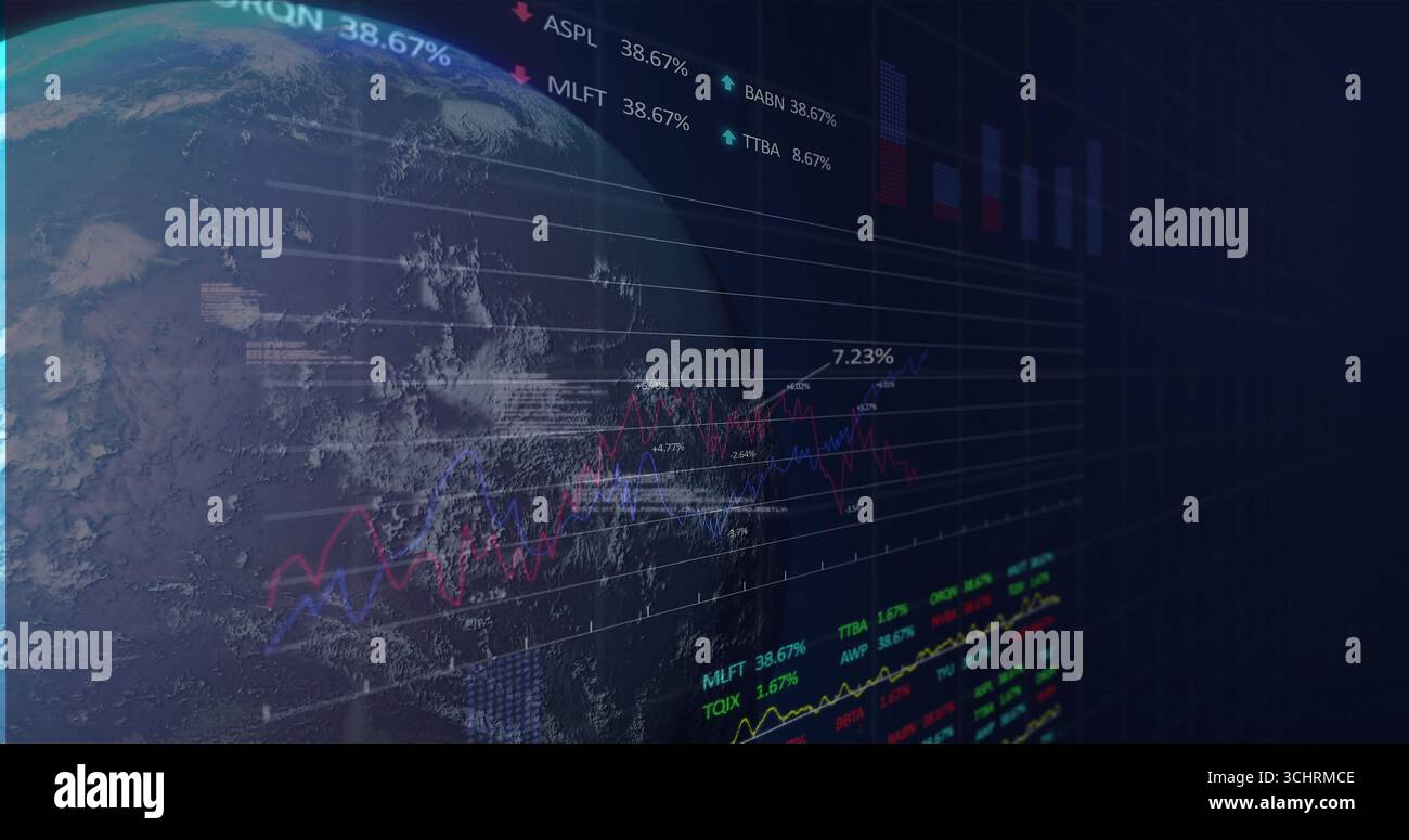 Displaying financial charts overlaying Earth globe in space, with ...
