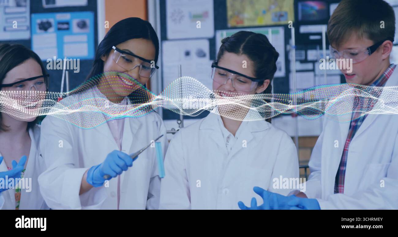 Conducting experiment five students wearing lab coats gloves at lab ...